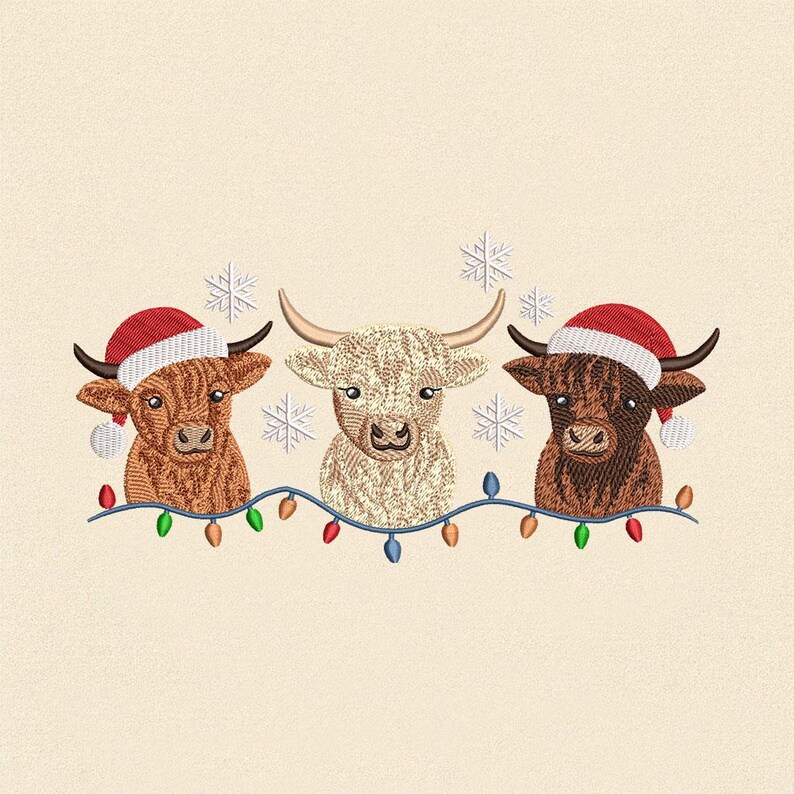 Highland Cow Christmas Embroidery Design, Three Cows With Santa Hats ...