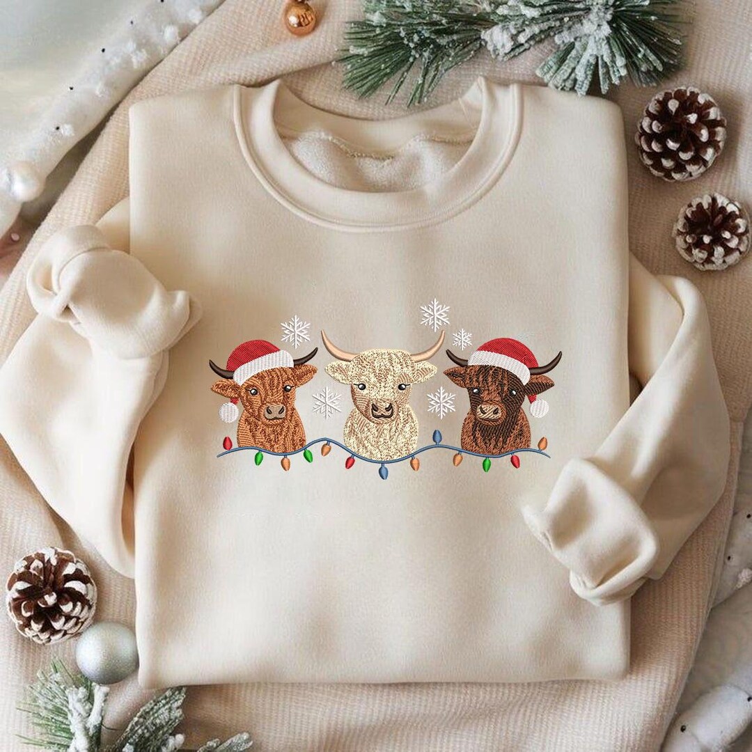 Highland Cow Christmas Embroidery Design, Three Cows With Santa Hats ...