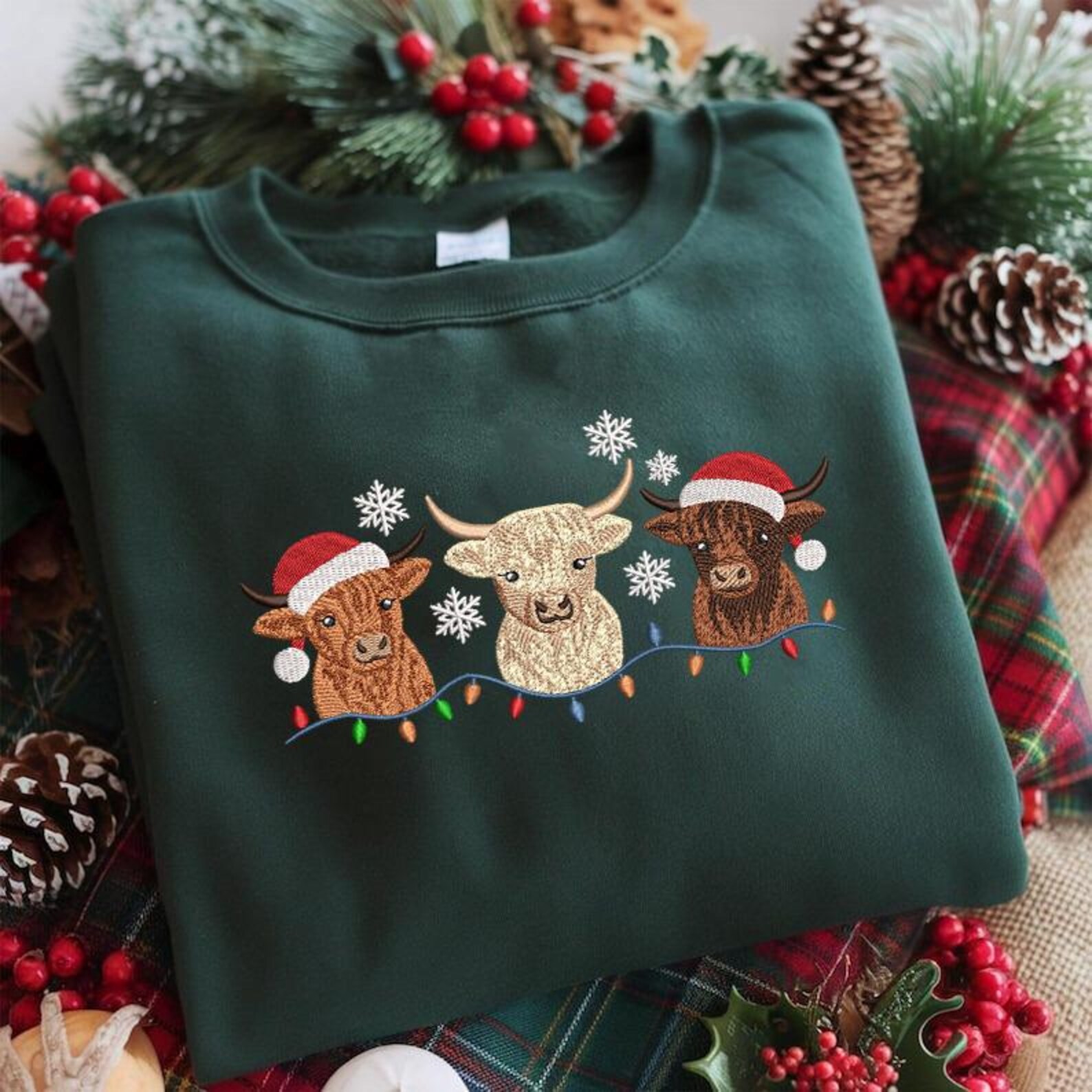 Highland Cow Christmas Embroidery Design, Three Cows With Santa Hats ...