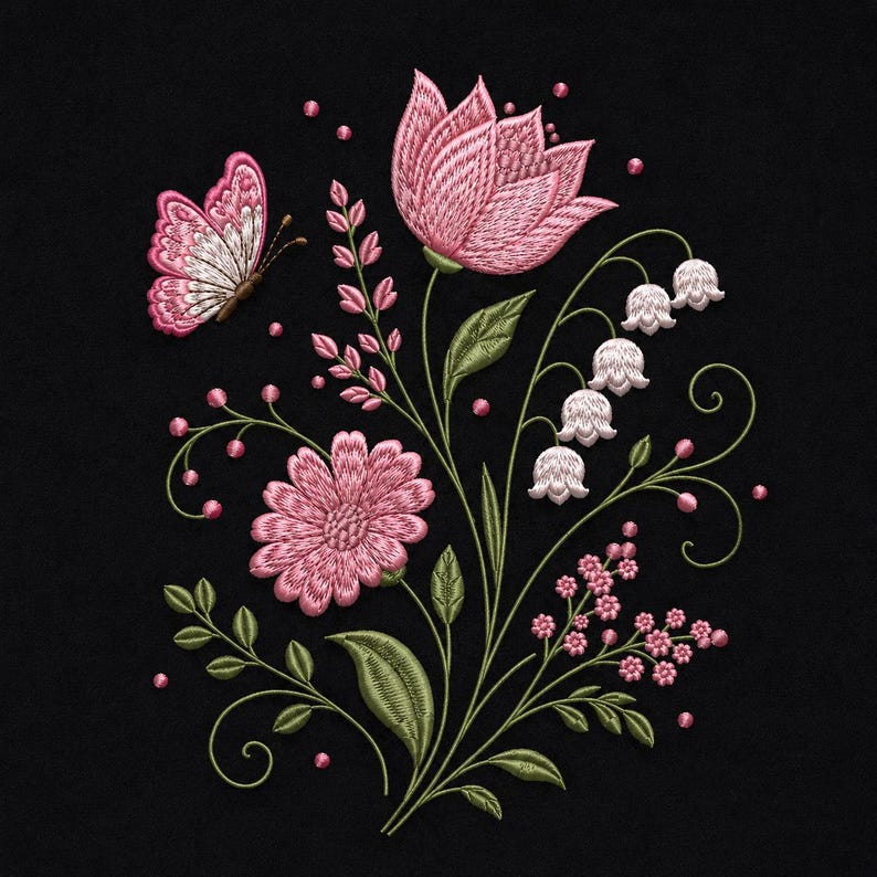 Pink Wildflower Bouquet Embroidery Design Butterfly Botanical Garden ...