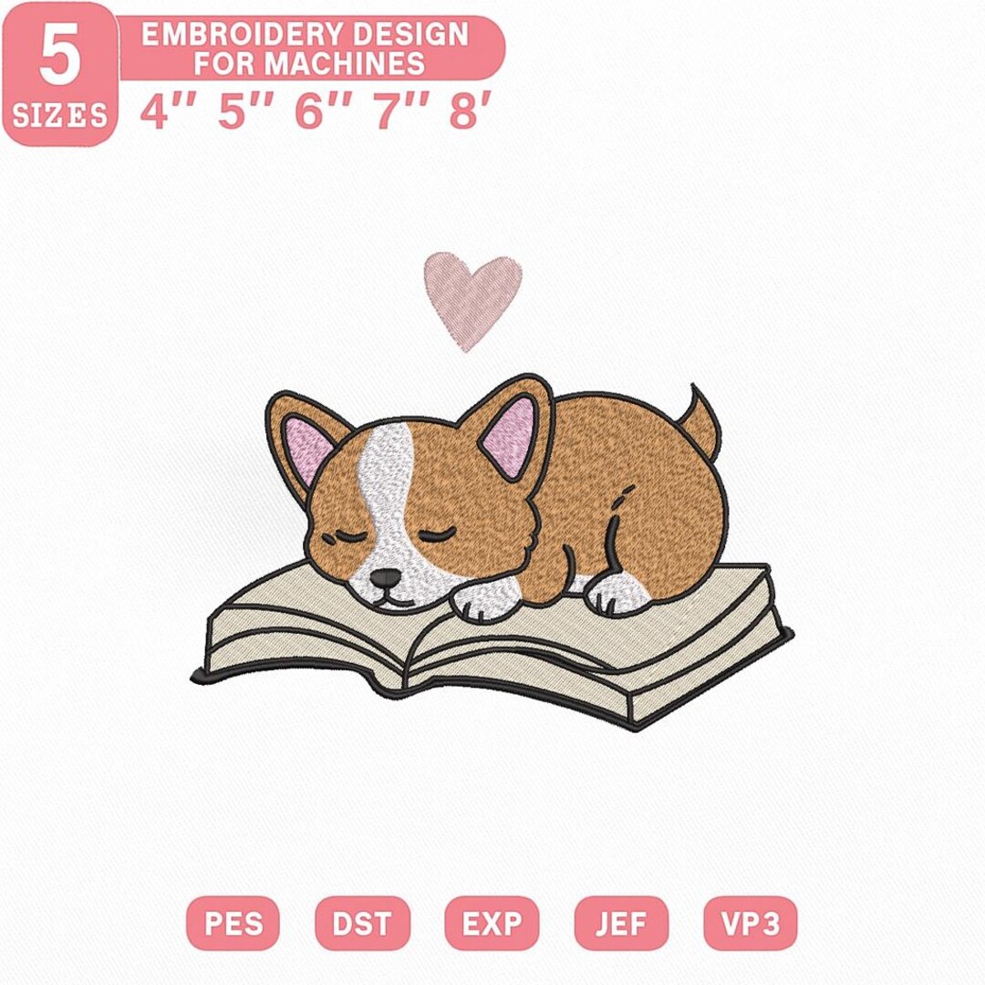 Cute Corgi Embroidery Design | Dog Reading Book Machine Embroidery File ...