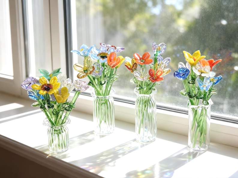Handmade Glass Flower Bouquet: Mini Glass Flower Figurine, Tabletop ...