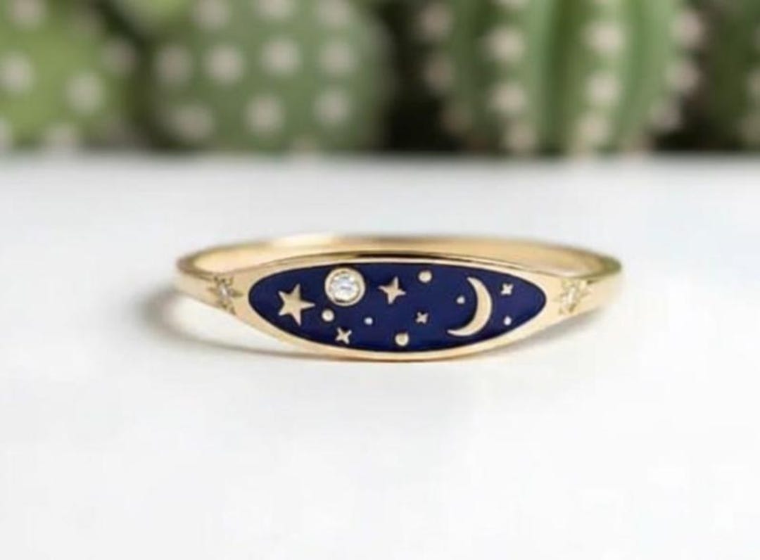 14K Gold Celestial Signet Ring, Diamond Star Moon, Navy Enamel - Etsy