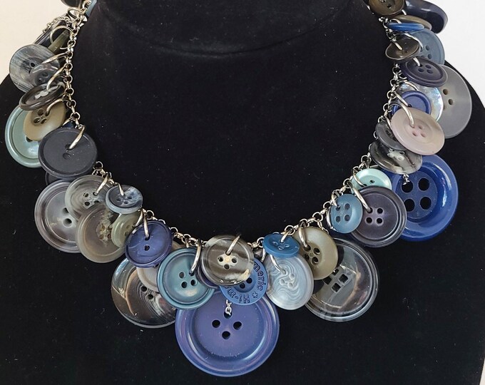 Upcycled Vintage Button Necklace in Navy Blue and Gray - Statement ...