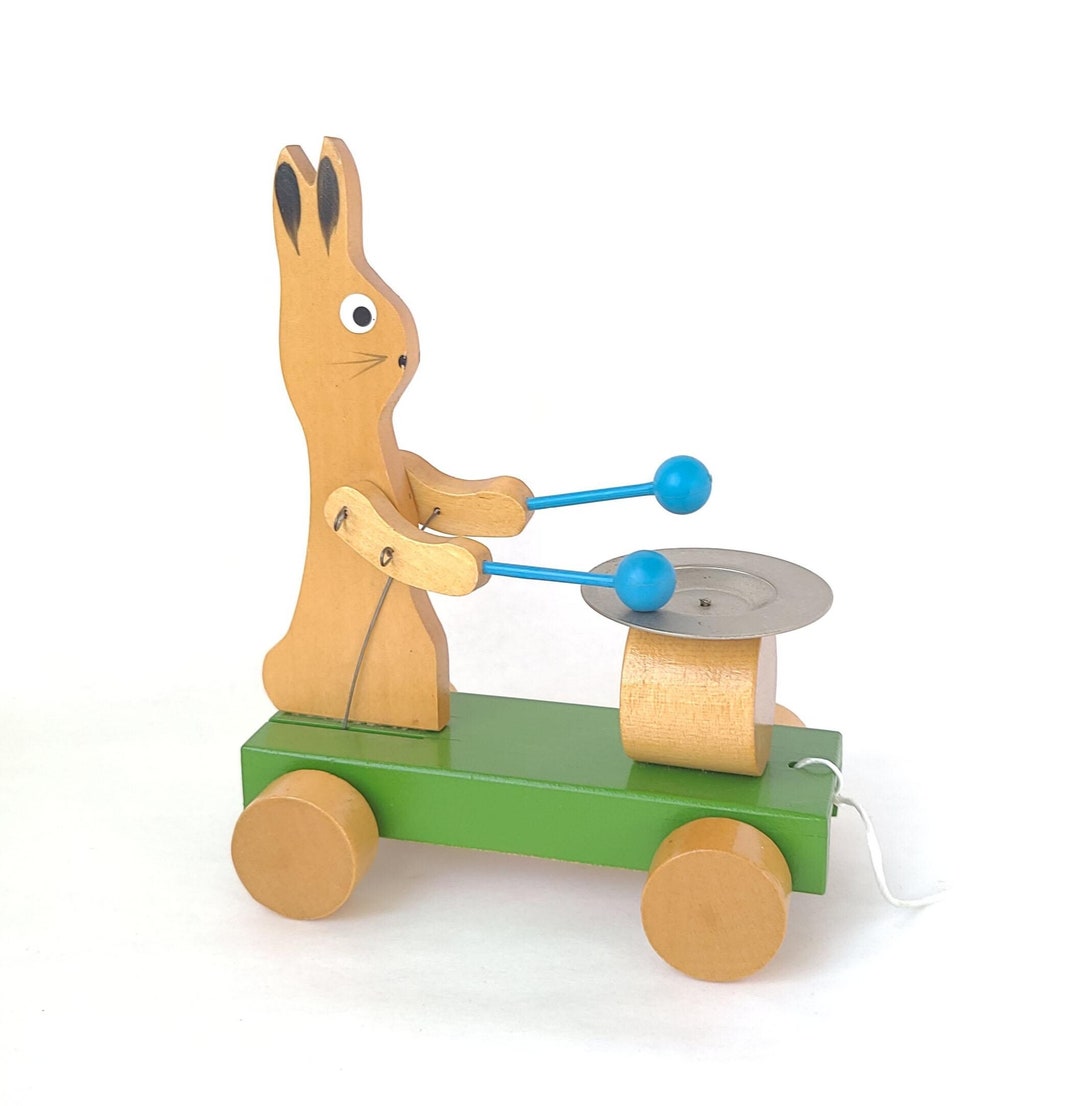 Vintage Wood Bunny Rabbit Pull Toy With Drum - Etsy