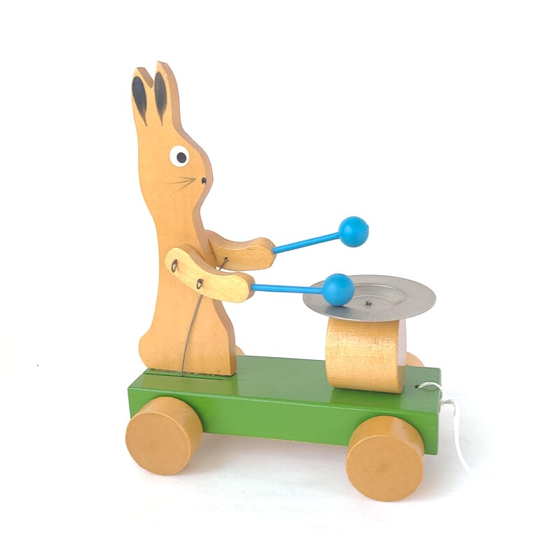 Vintage Wood Bunny Rabbit Pull Toy With Drum - Etsy