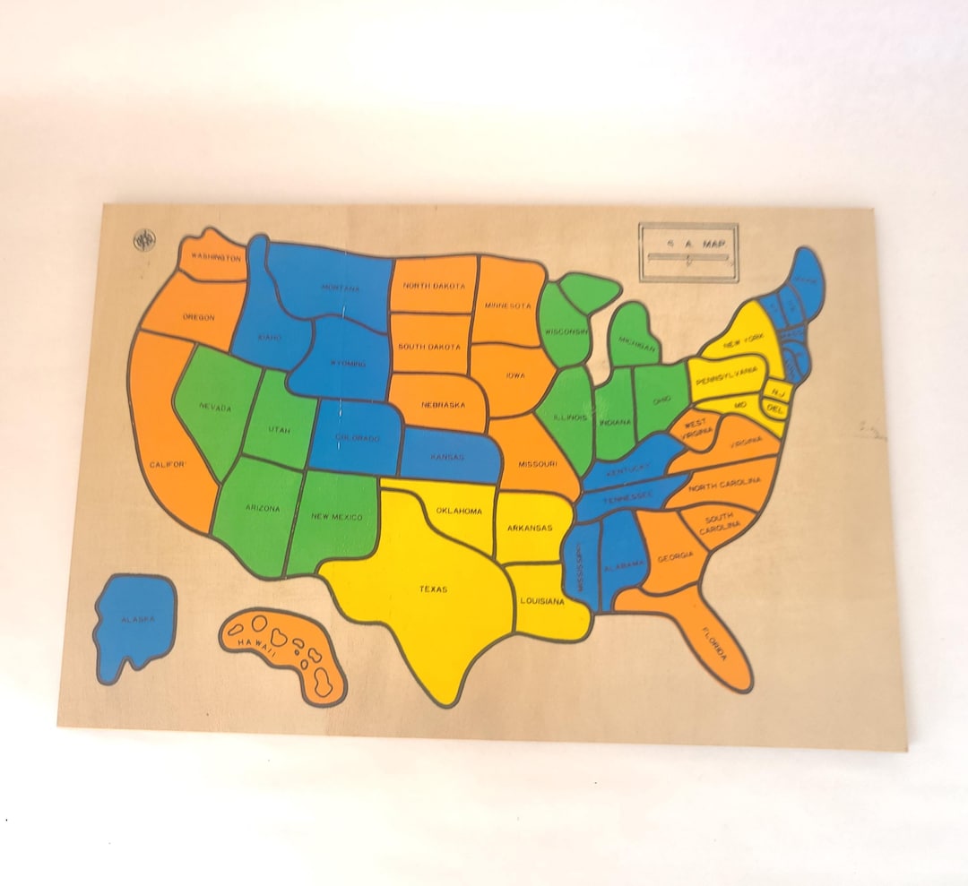 United States Map Puzzle With State Capitals - Vintage Wood Toy Jigsaw ...