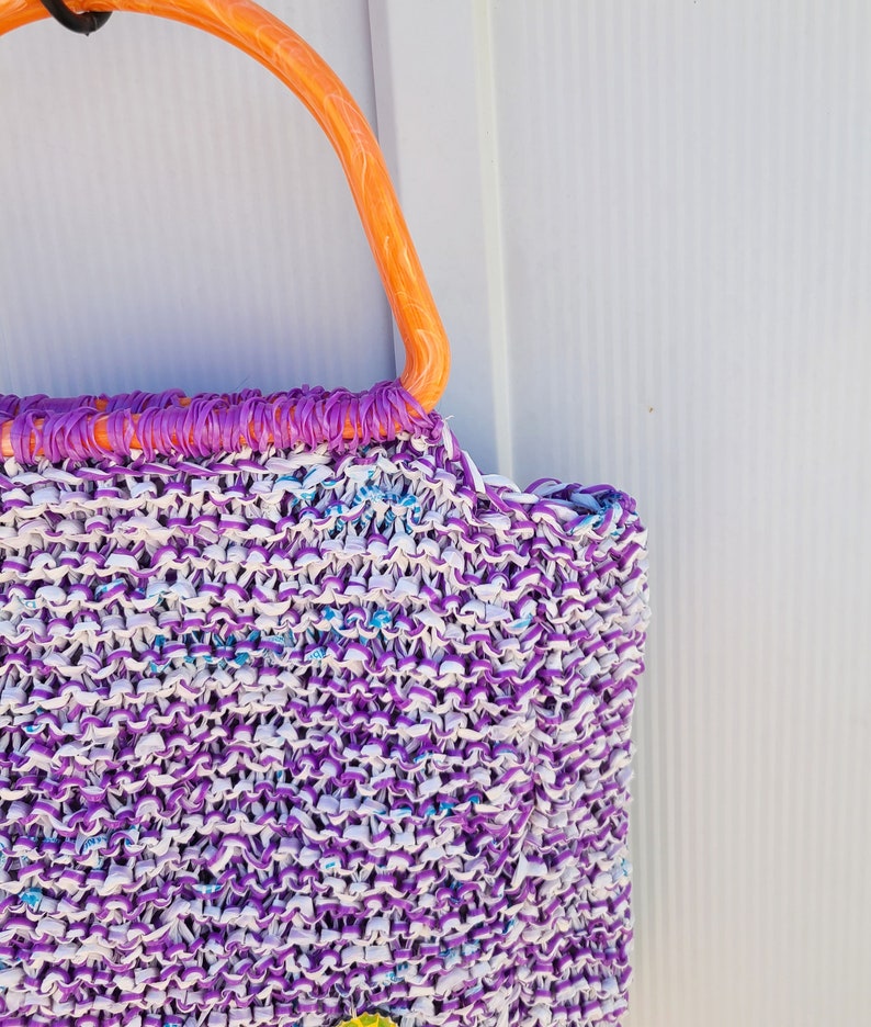 Knit Plarn Shopping Tote in Purple With Orange Resin Handles - Etsy