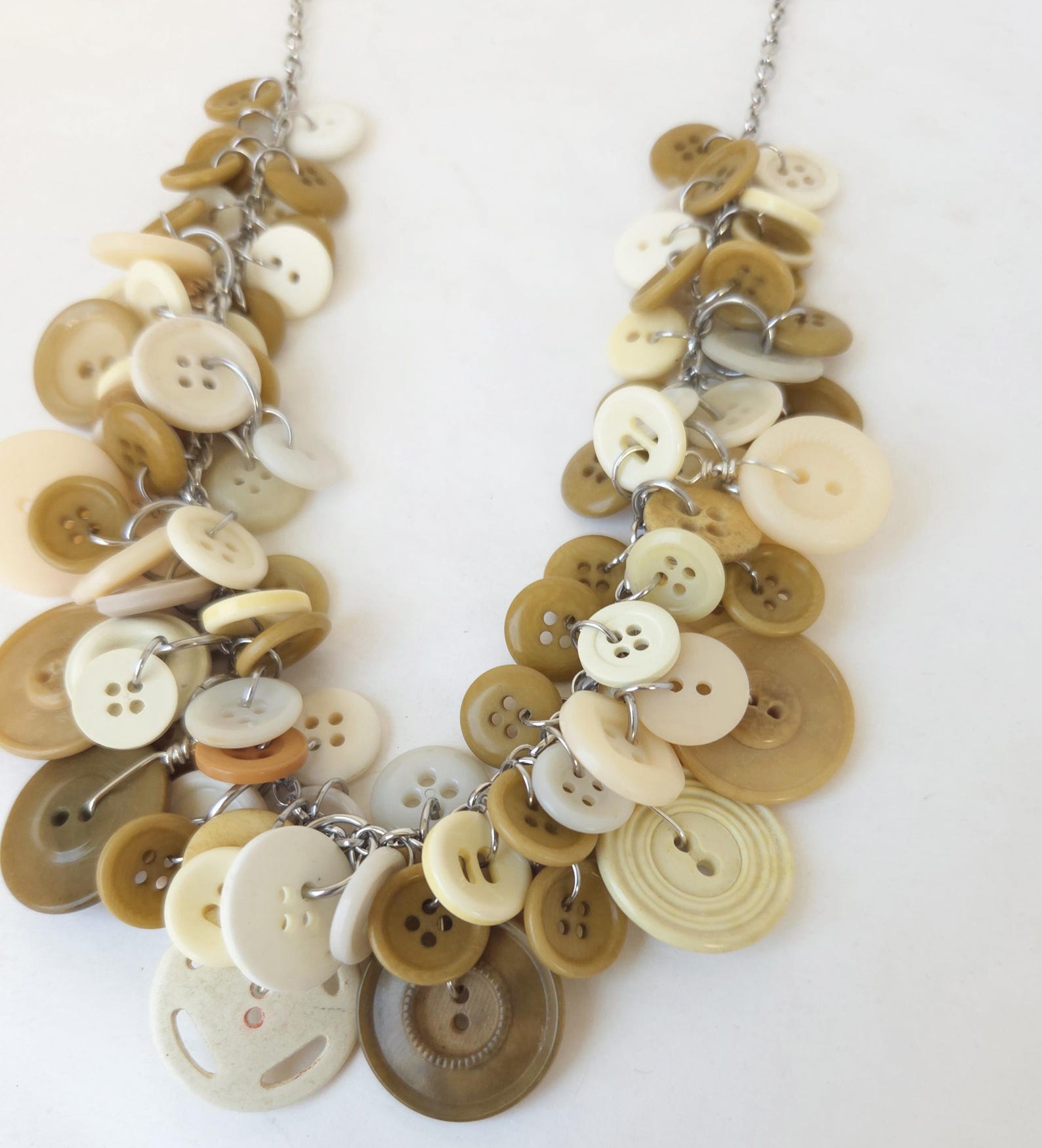 Upcycled Vintage Button Statement Necklace: White & Butterscotch Brown ...