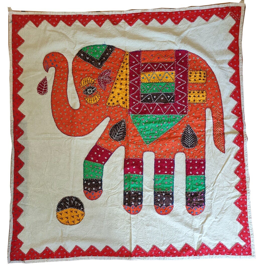 Vintage Embroidered Patchwork Elephant Wall Hanging: Indian Textile Art ...