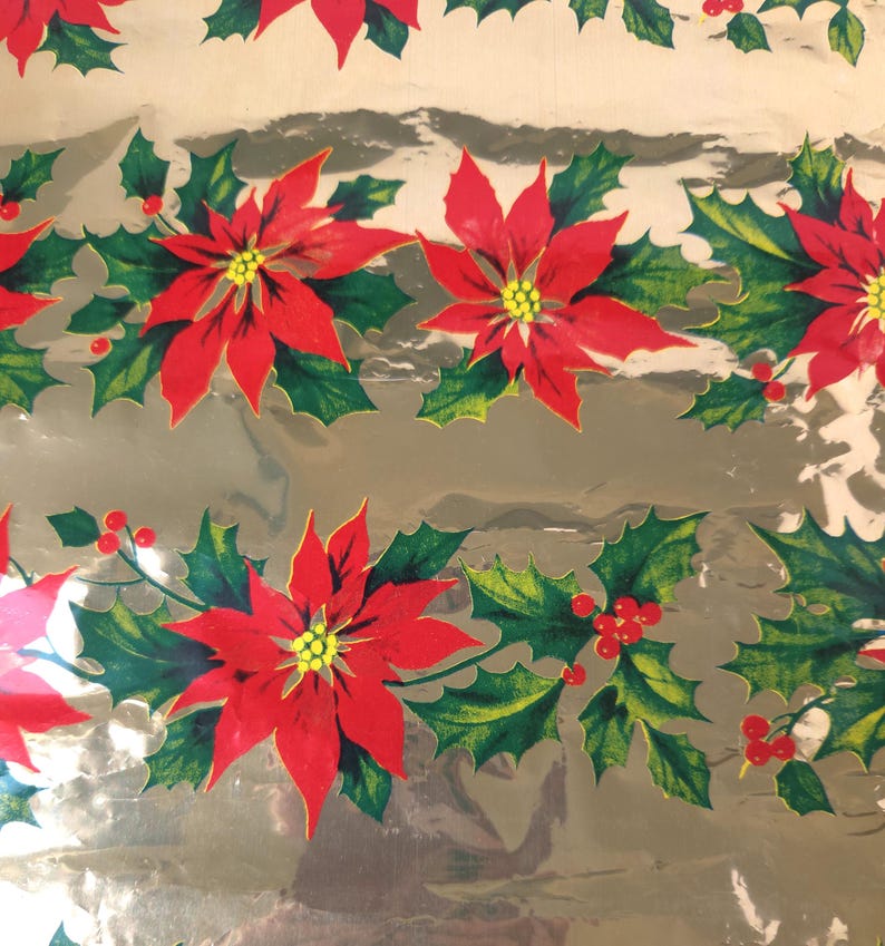 Vintage Poinsettia Mylar Foil Gift Wrap - Five 2 Ft Sheets - Kitschy ...