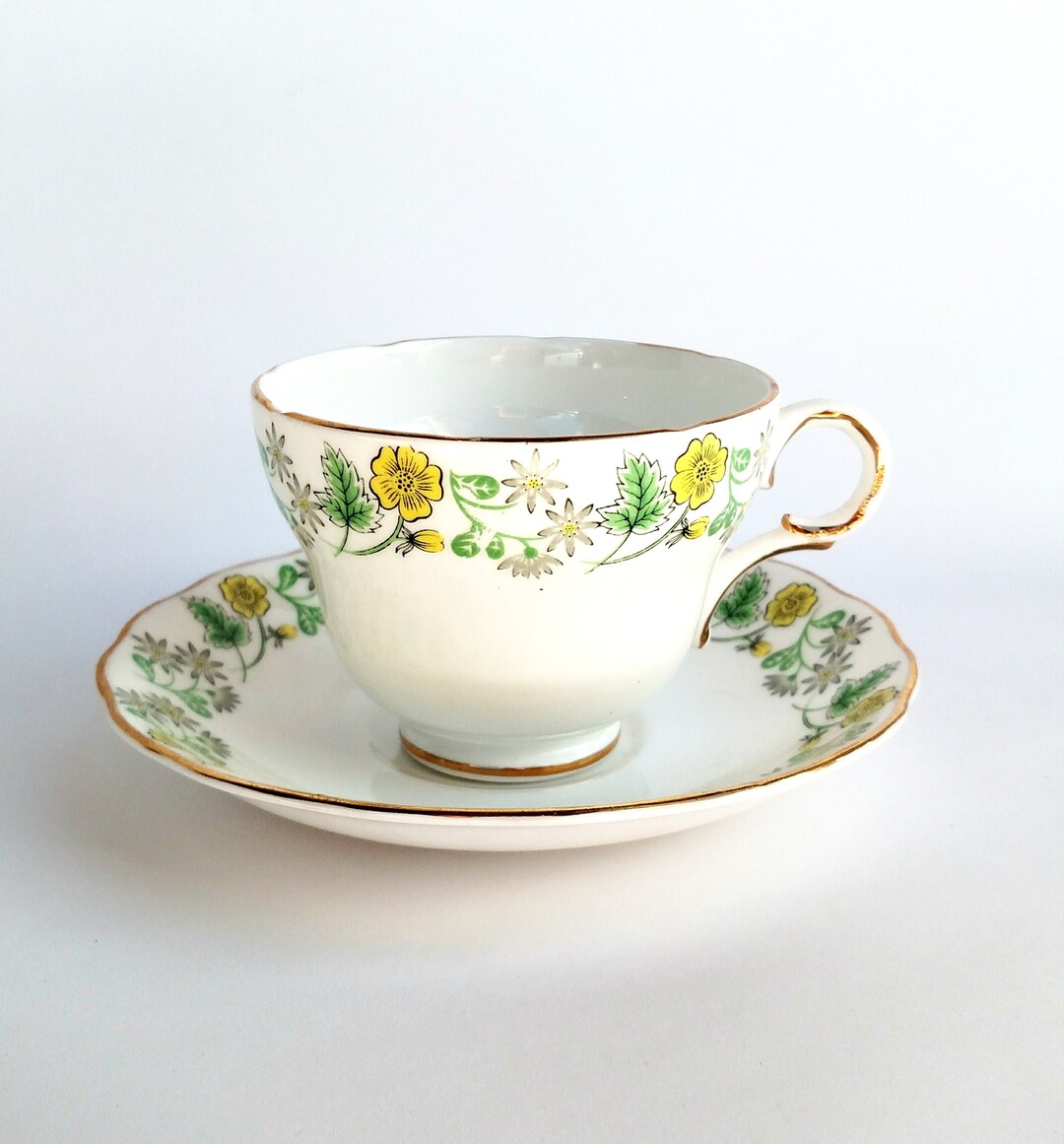 Vintage Melba Bone China Teacup and Saucer: Retro Yellow Floral Design ...
