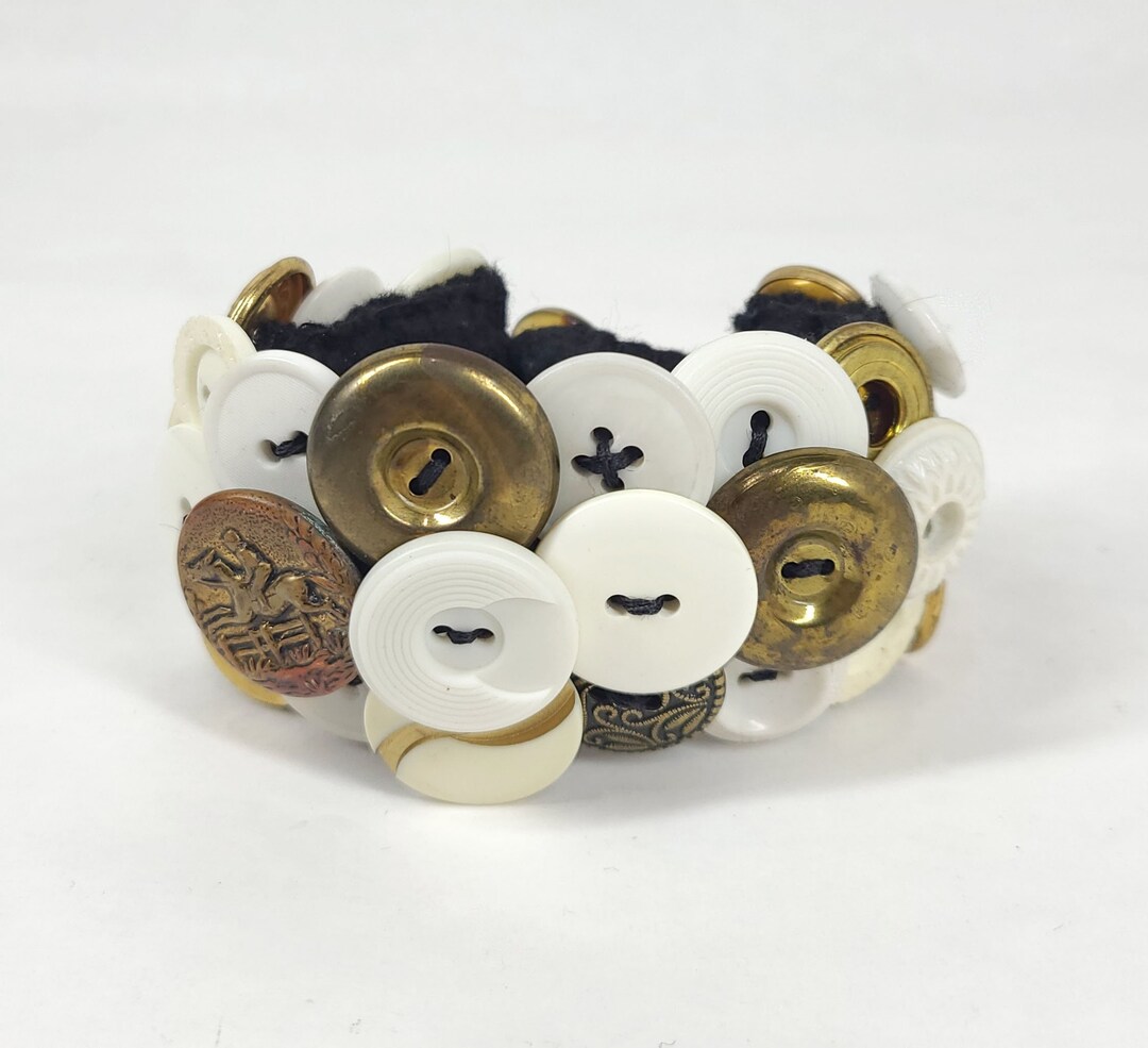 Upcycled Vintage Button Bracelet in Gold and White - 7 Inches - Chunky ...