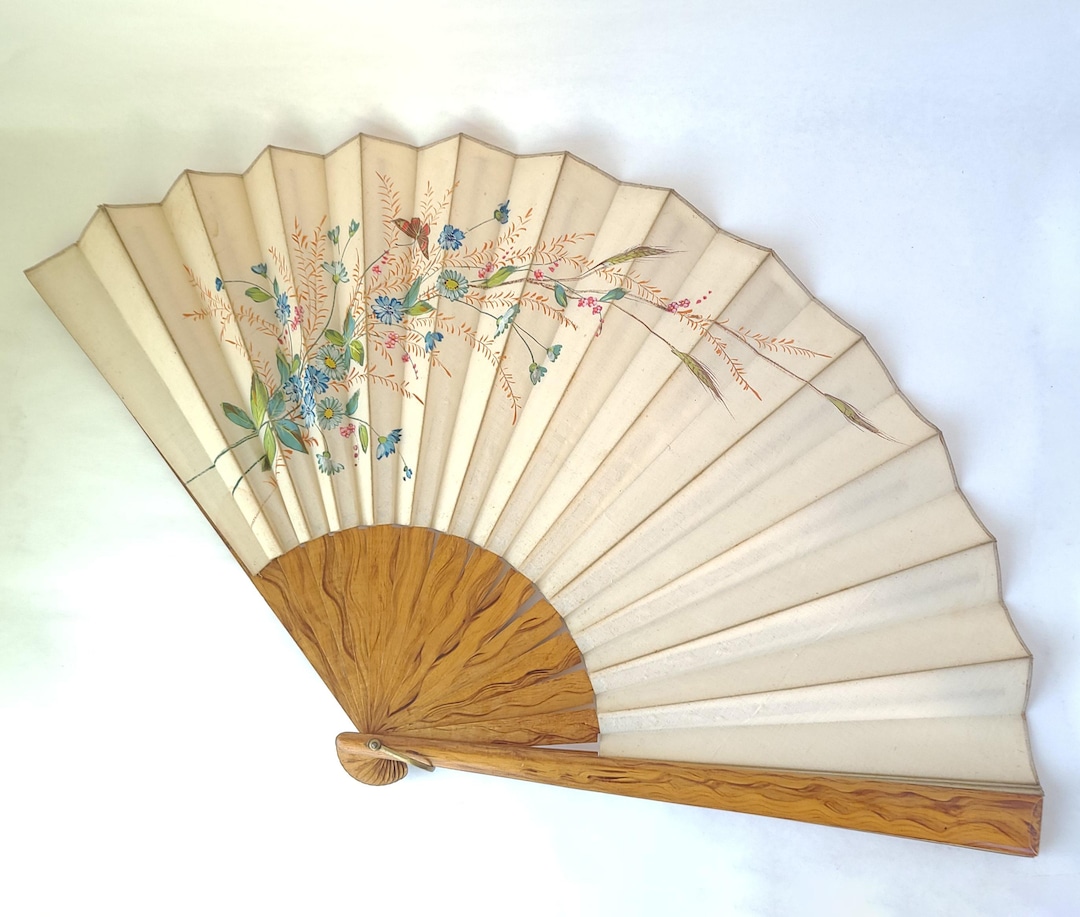 Vintage Hand Painted Linen and Wood Japanese Fan - Vintage Japanese Fan ...