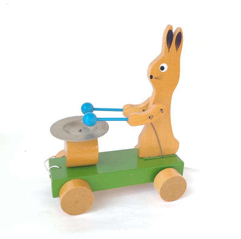 Vintage Wood Bunny Rabbit Pull Toy With Drum - Etsy