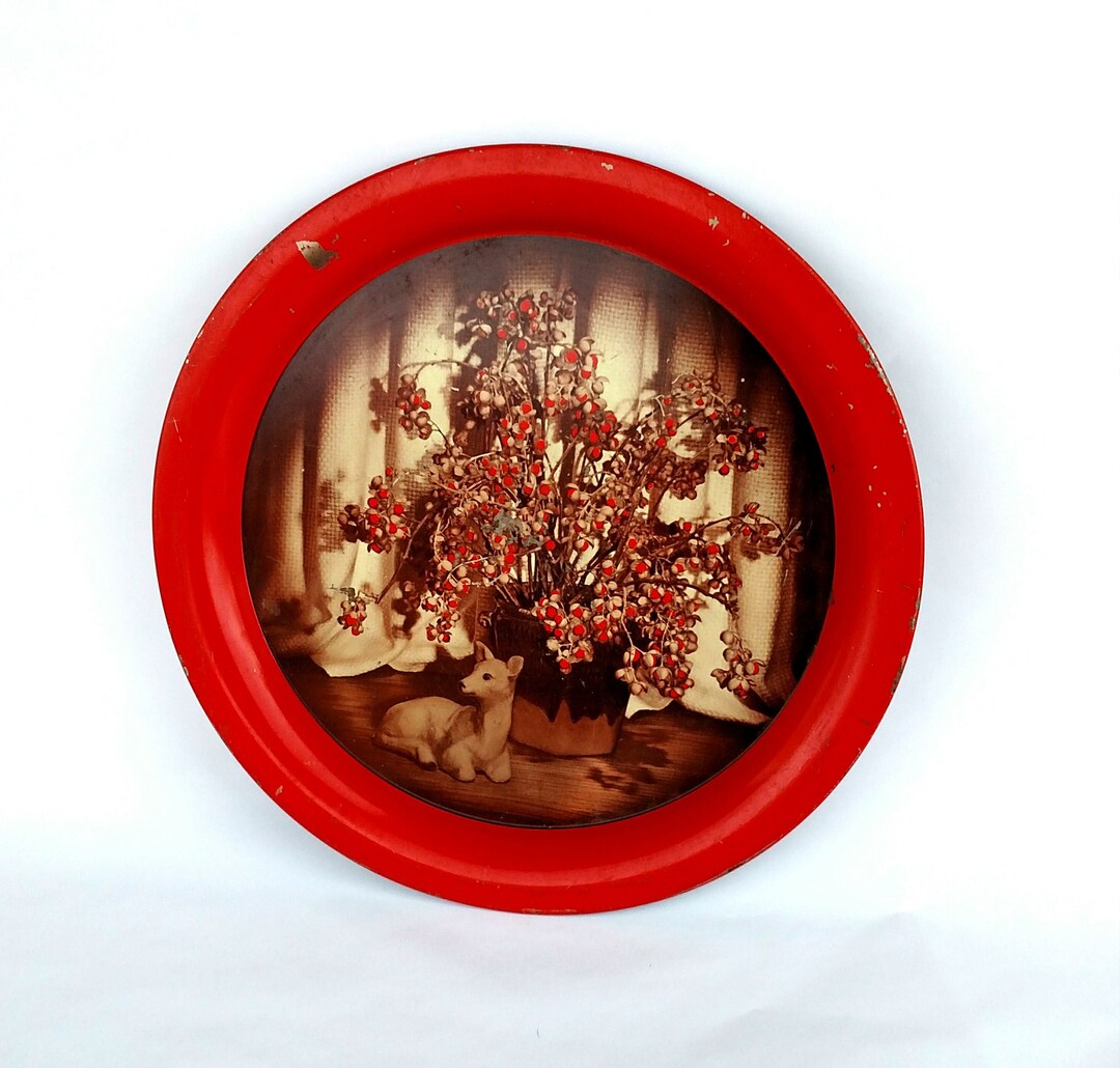 1940's Kitschy Deer and Flowers Litho Metal Tray in Red and Sepia Tone ...