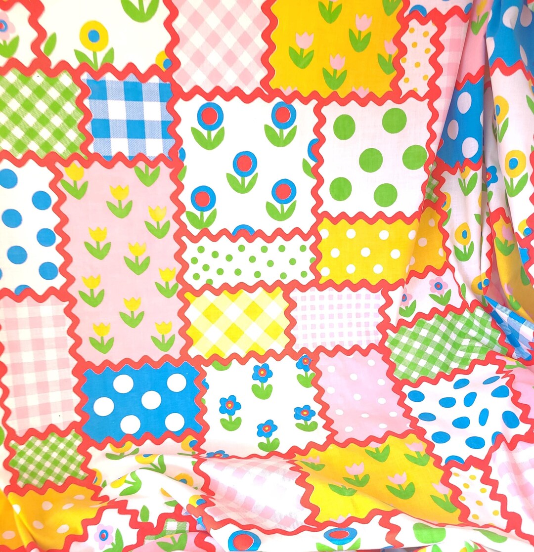 Vintage Flower Power Ric-rac Polka Dot Patchwork Twin Size Flat Sheet ...