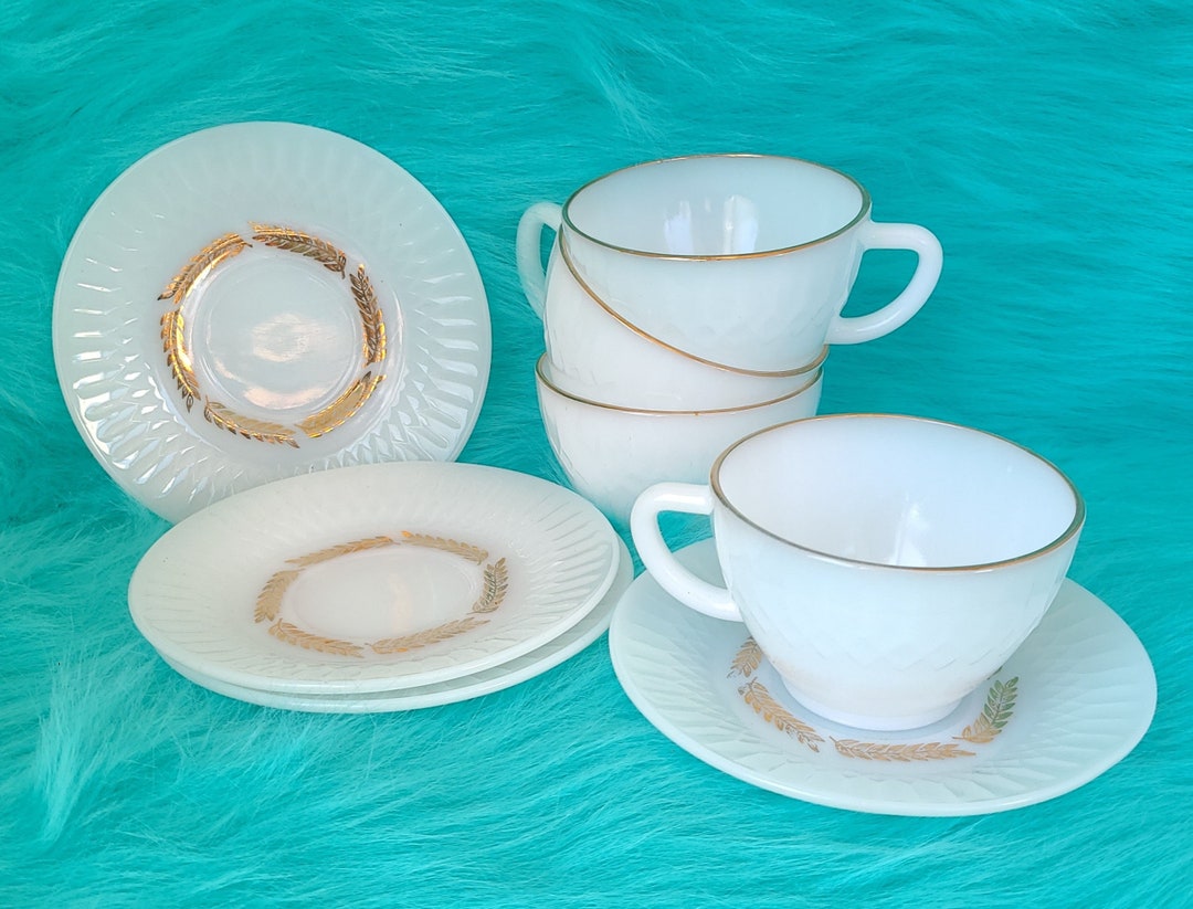 Milk Glass Cup and Saucers in Golden Harvest Design by Federal Glass ...