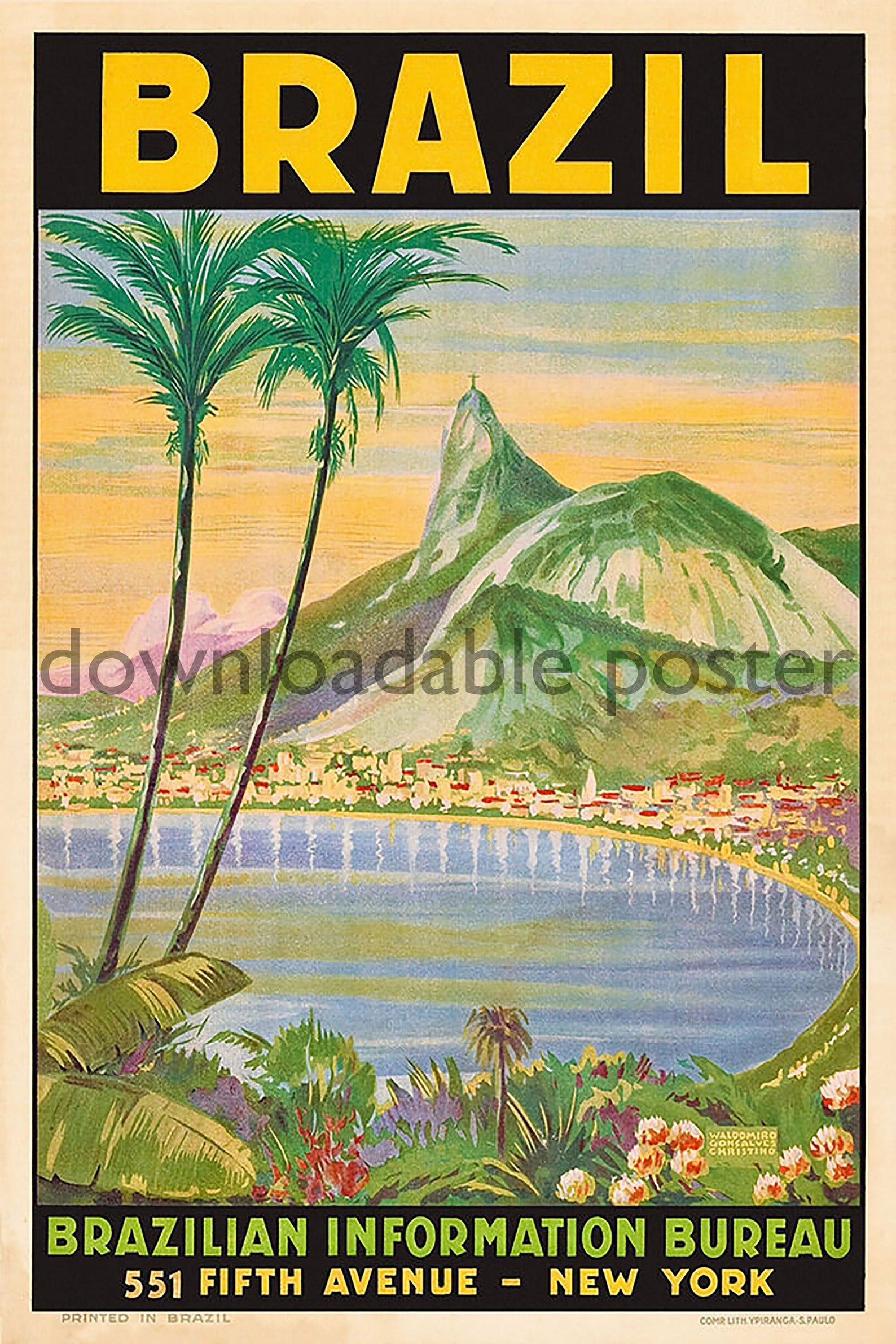Printable Vintage Travel Poster Downloadable File - Brazil - Brazilian ...