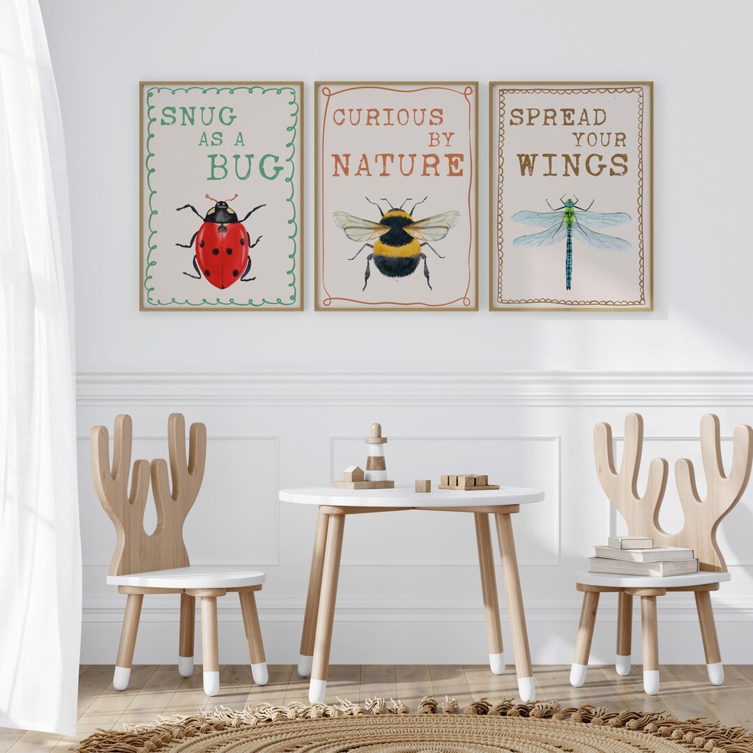 Bug Nursery Wall Art Set of Three, Cute Insect Decor for Kids Room ...