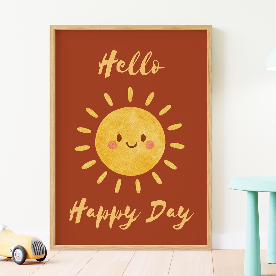 Hello Happy Day Smiling Sun Wall Art, Watercolor Nursery Print ...