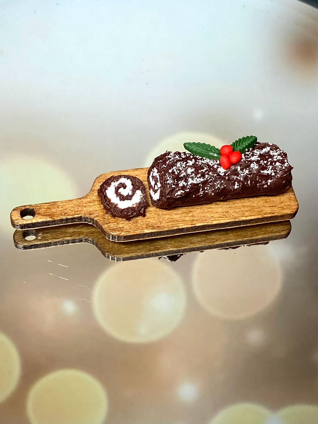 Mini Christmas Yule Log Cake on Wooden Board | Handmade Polymer Clay ...