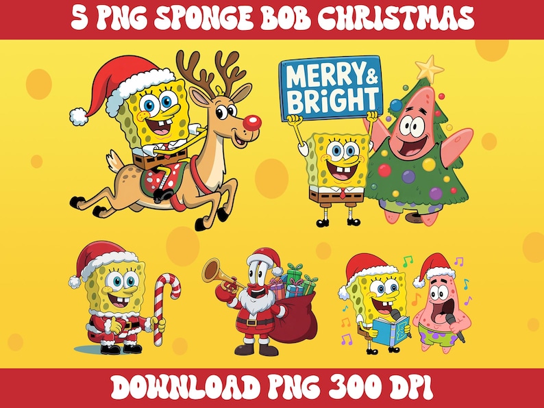 Paquete de 5 diseños de Bob Esponja en formato PNG navideño: Bob ...