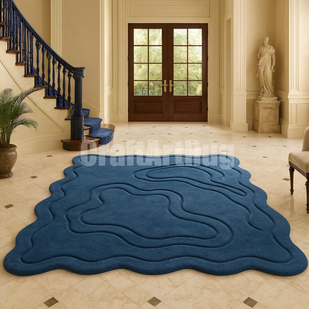 Modern Blue Wavy Rug, Sculpted 3D Texture, Irregular Shape - Etsy