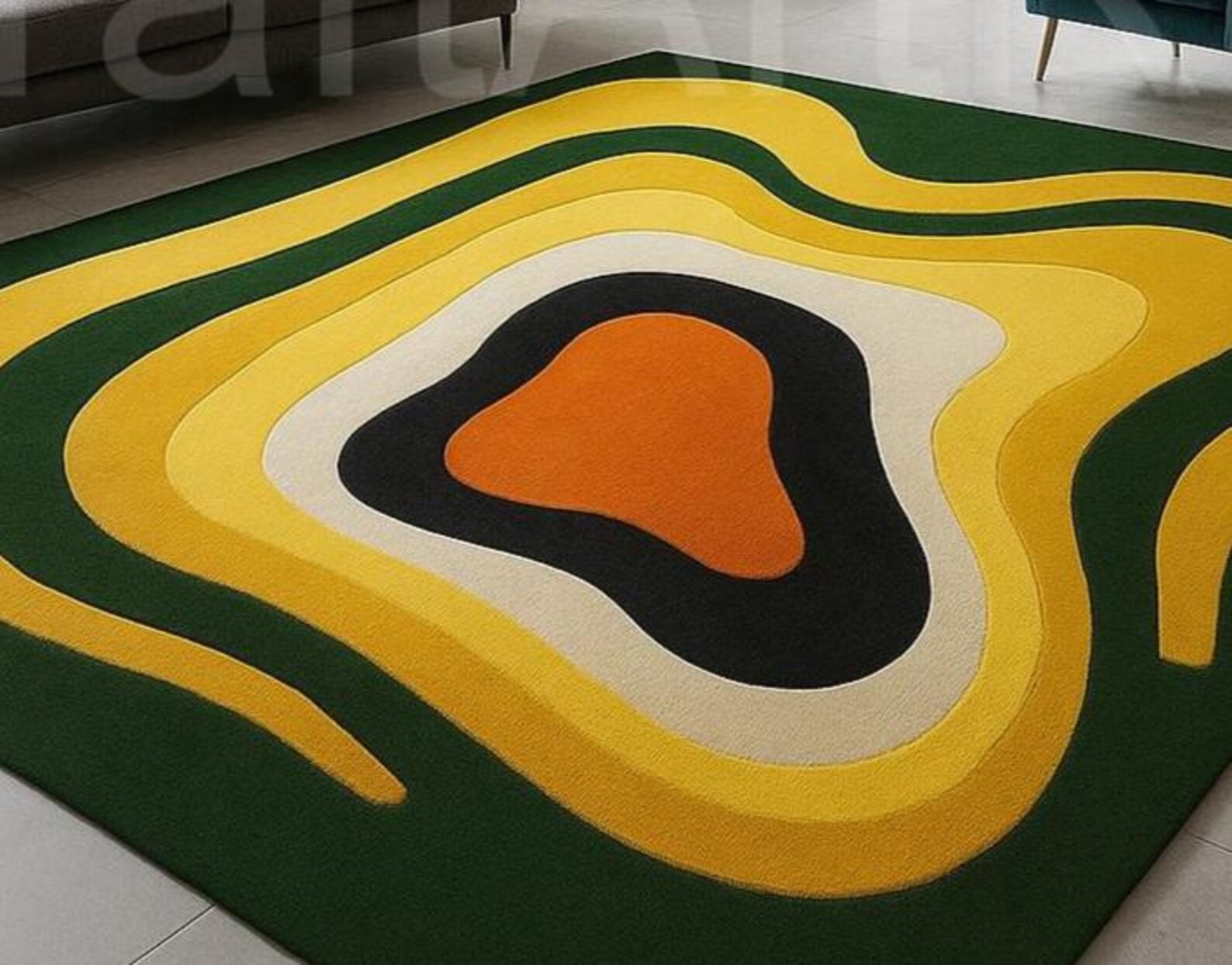 Handmade Retro Modern Rug, Green Yellow Abstract Wave Carpet - Etsy