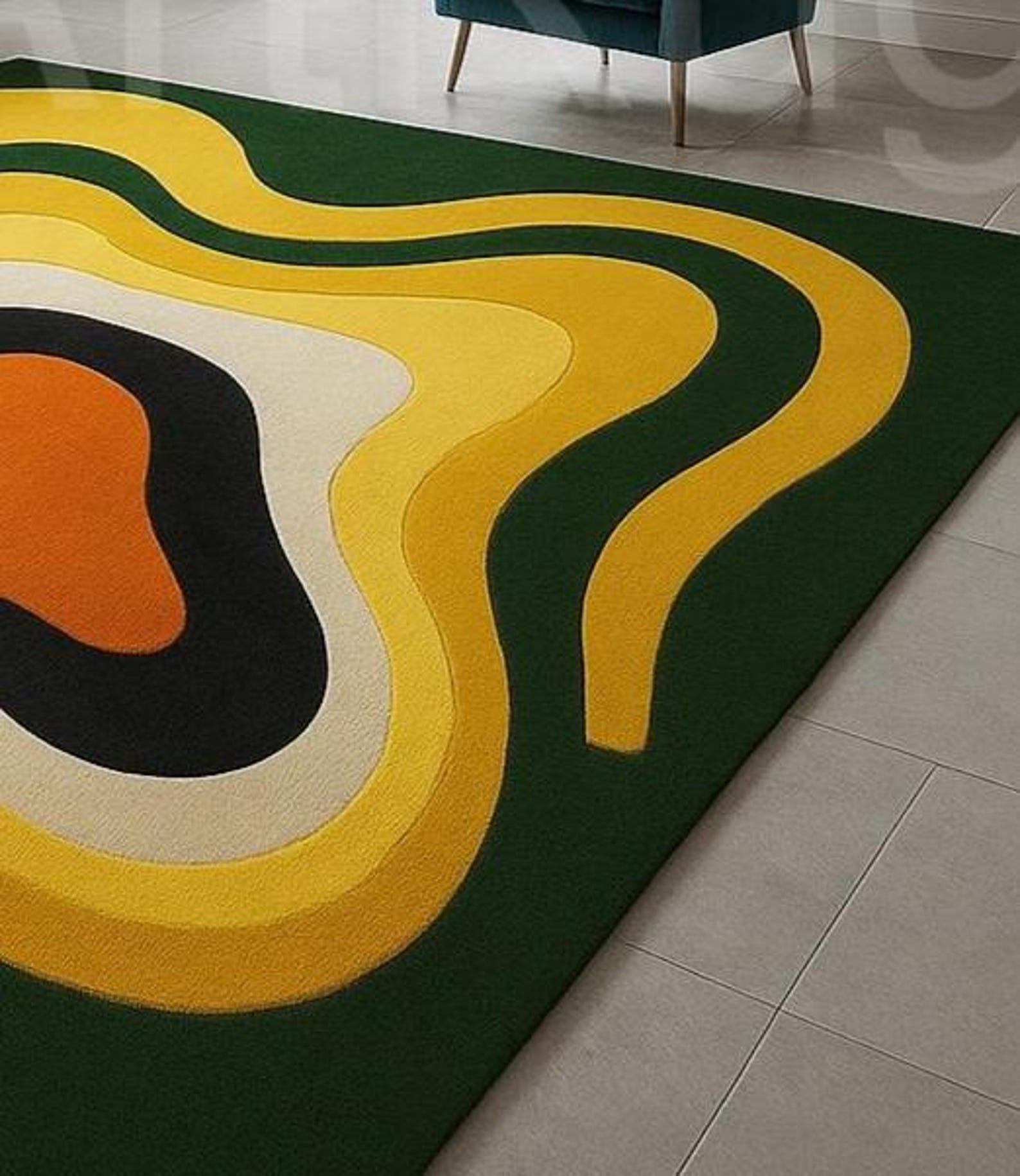 Handmade Retro Modern Rug, Green Yellow Abstract Wave Carpet - Etsy