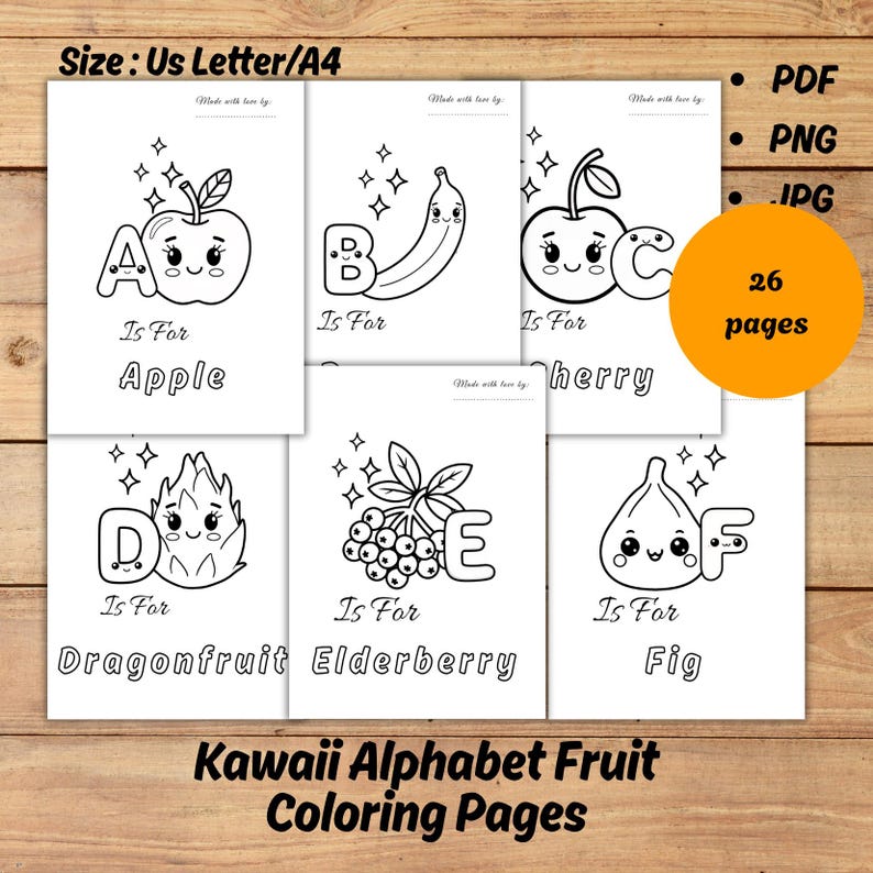 Kawaii Alphabet Fruit Coloring Pages – A–Z Fruit Designs for Kids - Etsy
