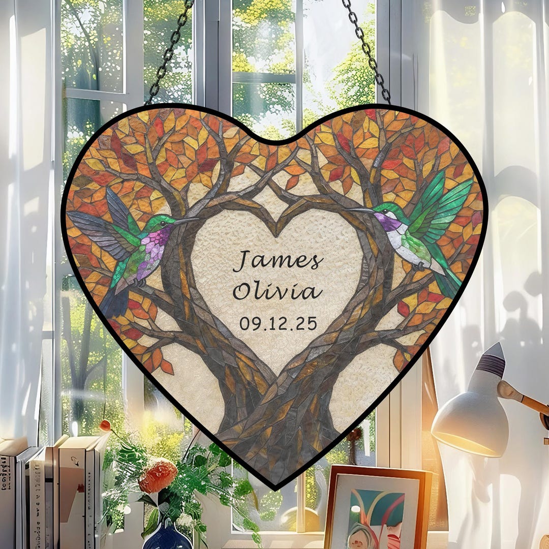 Love Birds Sun Catcher, Heart Tree of Life Sun Catcher, Colorful Window ...