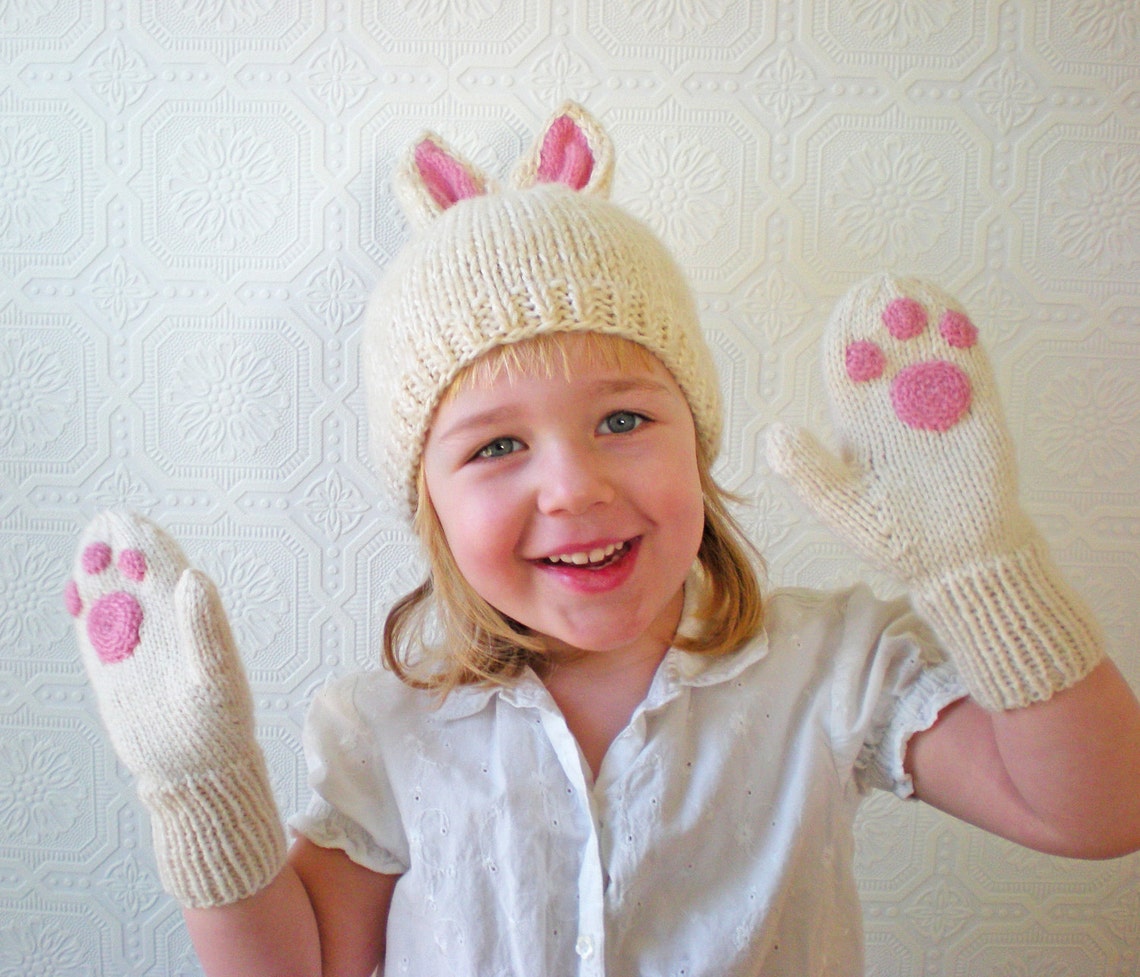Bunny Paw Mittens White and Pink Baby and Children Warm - Etsy