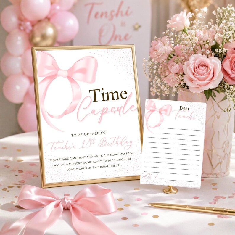 Pink Bow Time Capsule Sign & Message Card Template | 1st Birthday Time ...