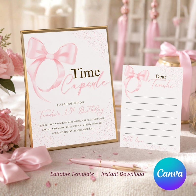 Pink Bow Time Capsule Sign & Message Card Template | 1st Birthday Time ...