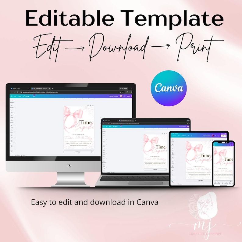 Pink Bow Time Capsule Sign & Message Card Template | 1st Birthday Time ...