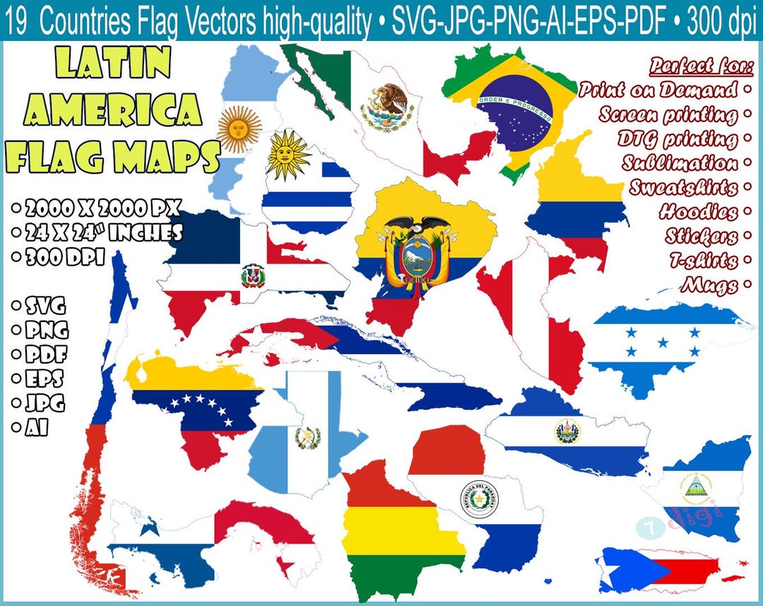 Latin America Flag Maps 19 Countries Svg-png-jpg-ai-pdf-eps • Vector ...