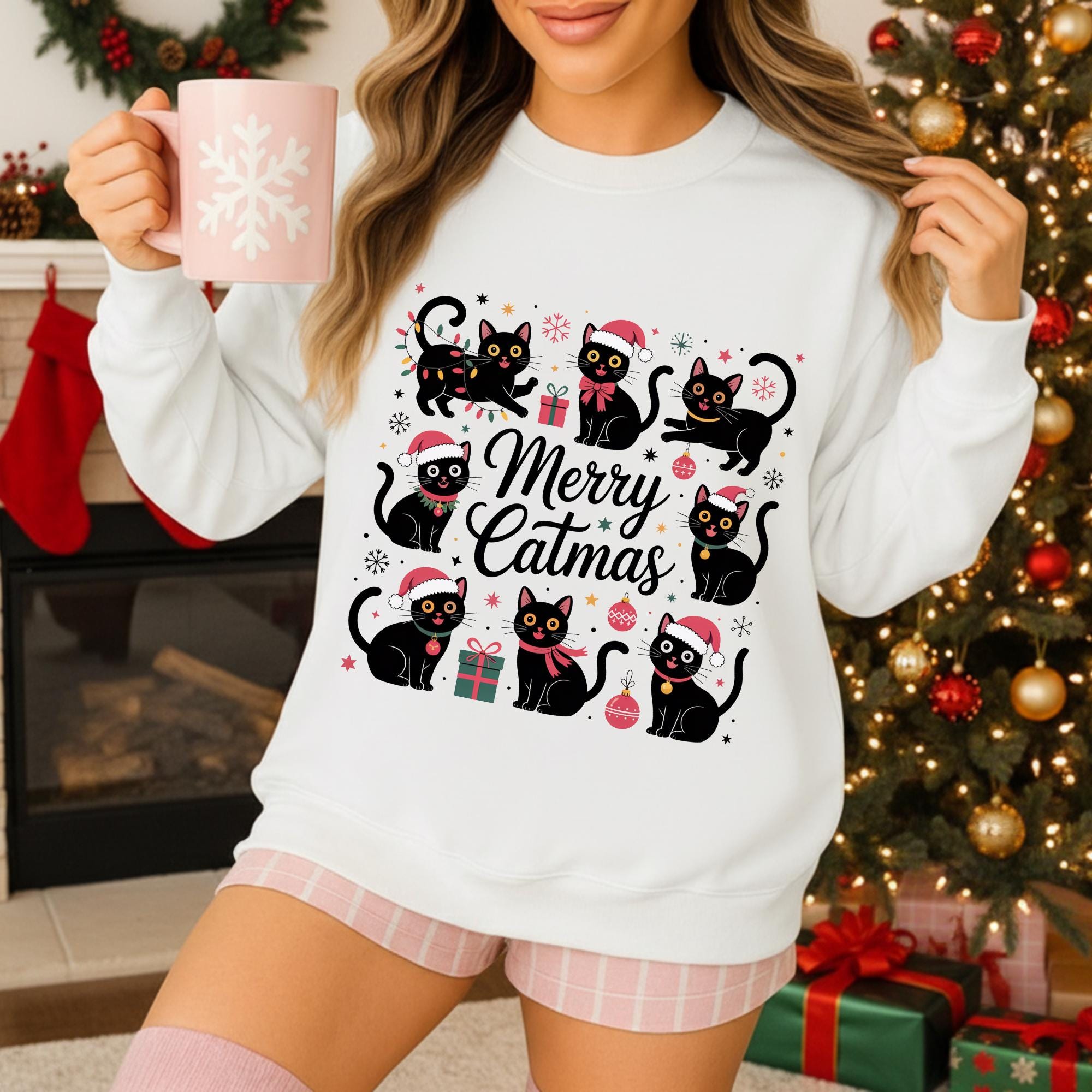 Black Cat Meowy Christmas Png Bundle, Merry Christmas Light Cat Clipart ...