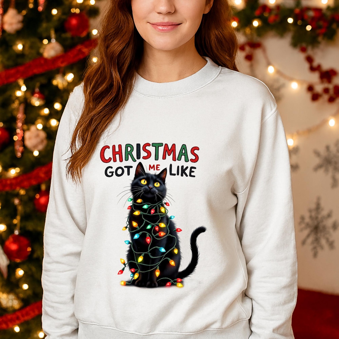 Black Cat Meowy Christmas Png Bundle, Merry Christmas Light Cat Clipart ...