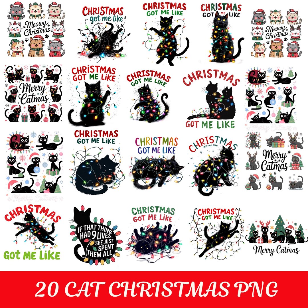 Black Cat Meowy Christmas Png Bundle, Merry Christmas Light Cat Clipart ...