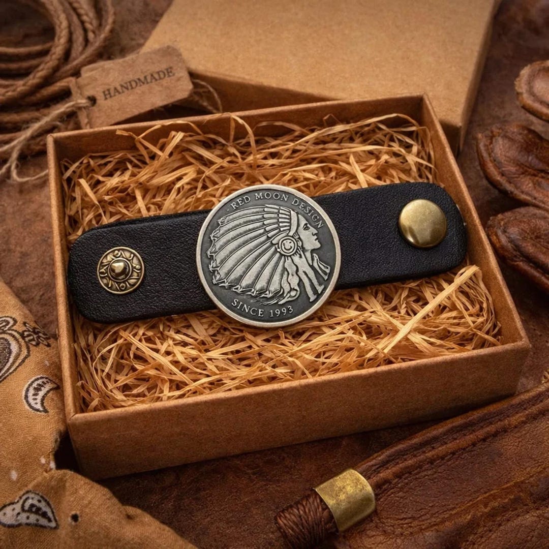 Handmade Leather Bandana Holder With Coin Design, Vintage American ...
