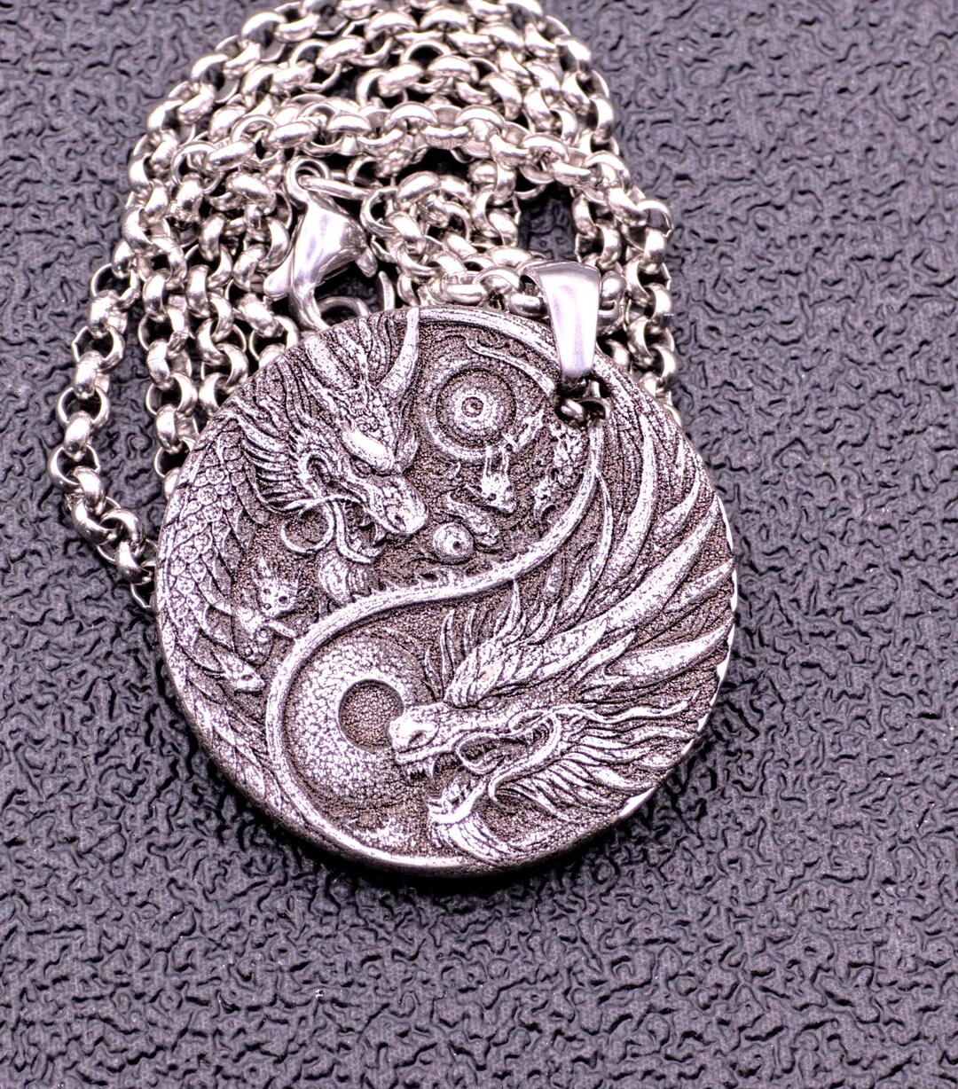 Double Dragon Yin Yang Pendant in Stainless Steel - Deep 3D Engraving ...
