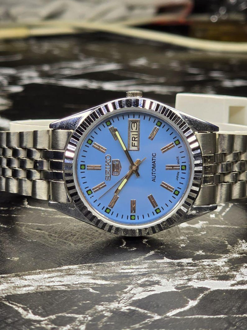 Vintage Seiko 5 Automatic Watch:sky Blue Dial Stainless Steel ...
