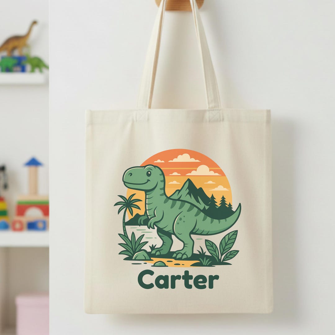 Personalized Kids Library Bag, Custom Name Dinosaur Tote, Canvas Book ...