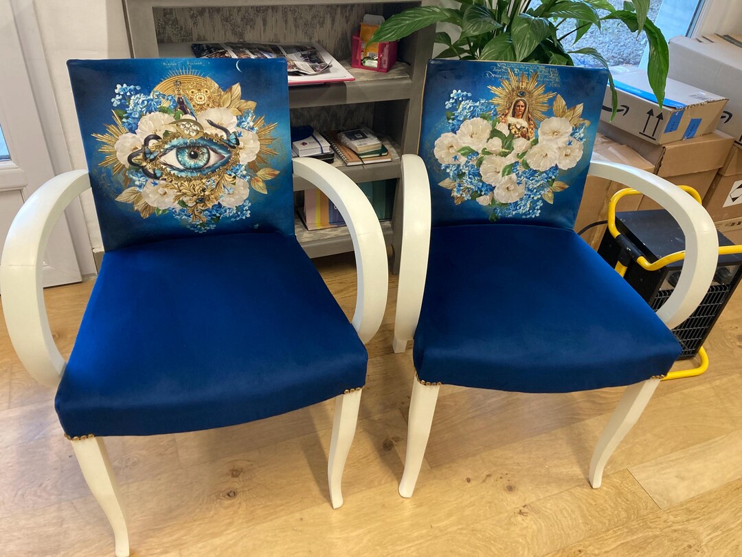 Pair of Bridge Armchairs With the Eye and the Virgin, Royal Blue Fabric ...