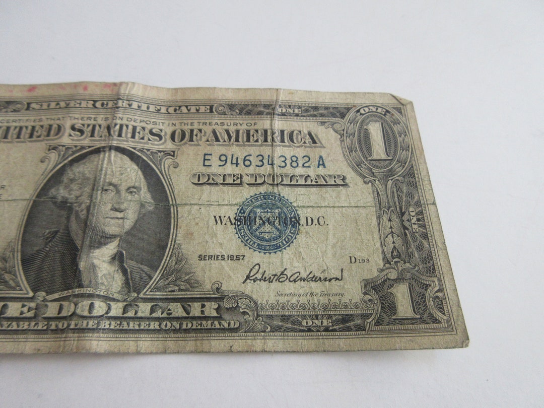 1957 Silver Certificate One Dollar Paper Bill E94634382 A Blue Seal ...