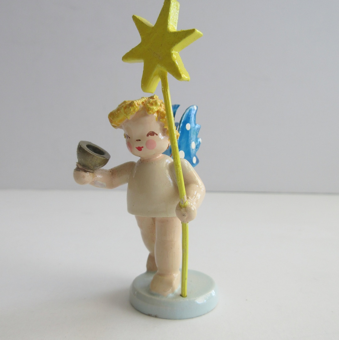 Unmarked STEINBACH German Wooden Angel With Star and Candlestick Curly ...