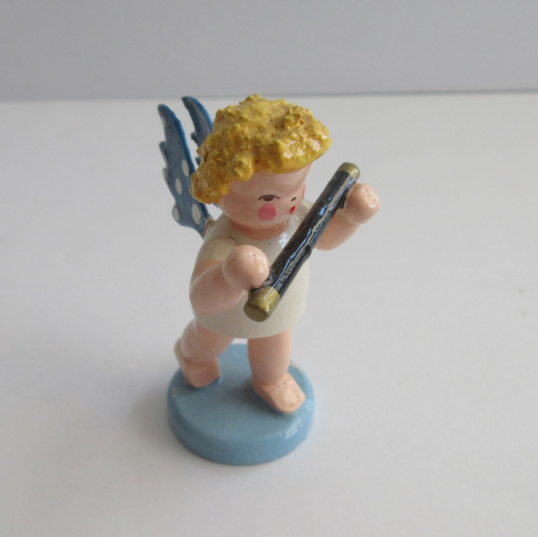 Unmarked STEINBACH German Wooden Angel With Flute Curly Blonde Hair ...