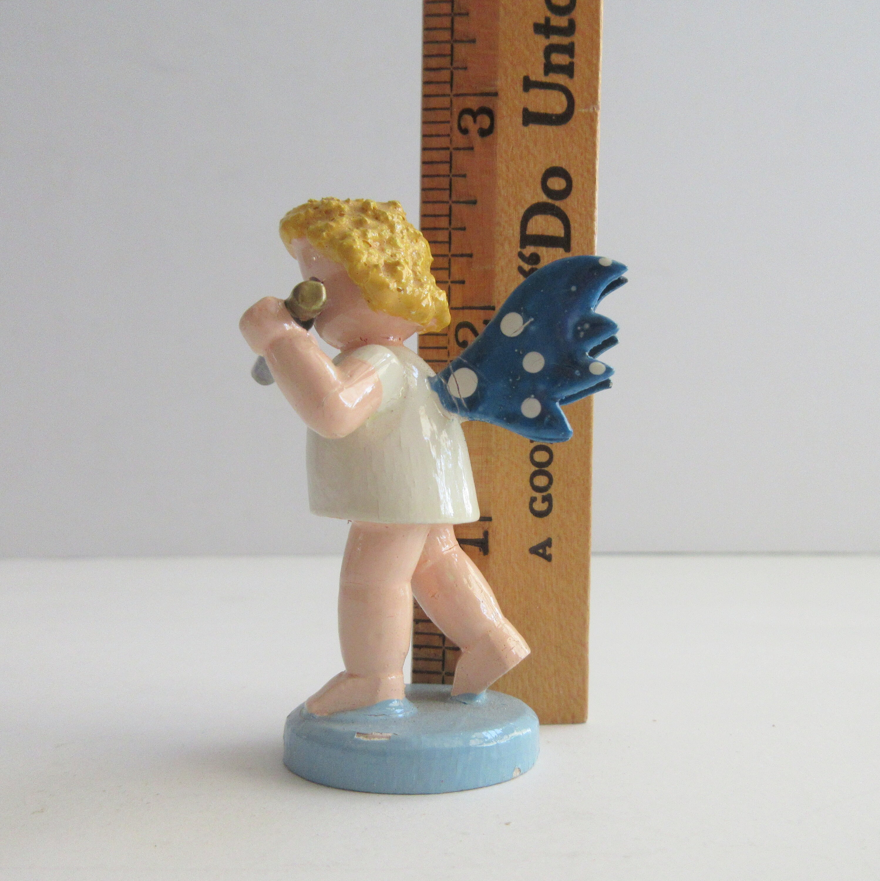 Unmarked STEINBACH German Wooden Angel With Flute Curly Blonde Hair ...