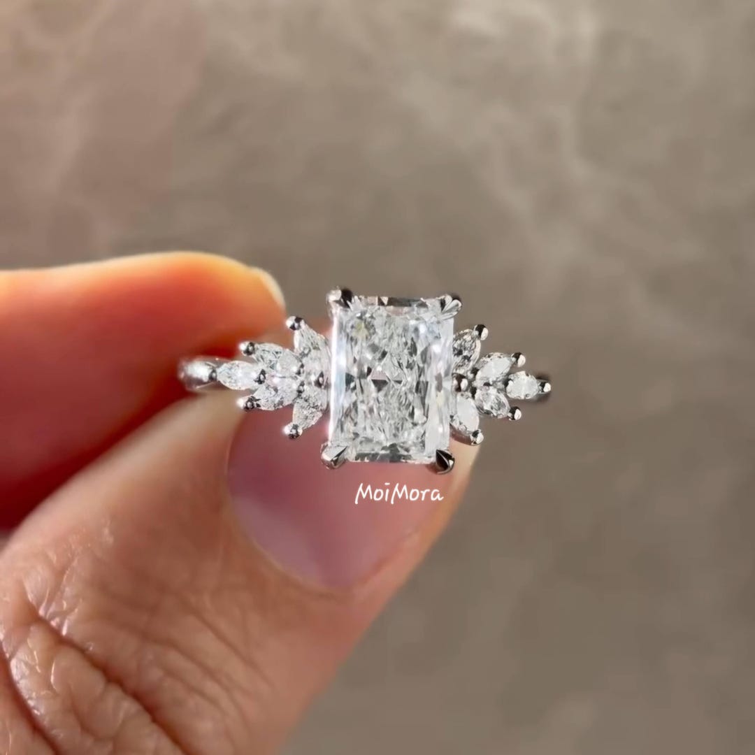 3 CT Radiant Cut Diamond Engagement Ring Set, Leaf Side Stone Bridal ...